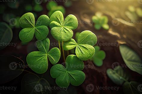 Four Leaf Clovers In Grass Against Blurred Natural Background Green