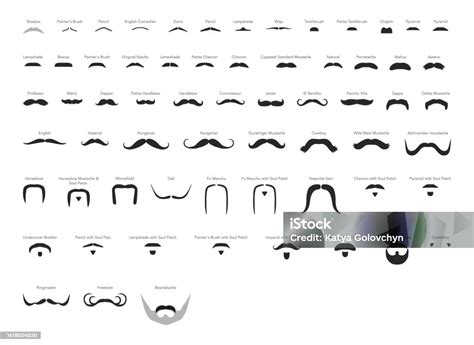 콧수염 세트 이름 텍스트 스타일 일러스트레이션 수염 벡터 흑인 남성 패션 템플릿 플랫 이발사 염소수염에 대한 스톡 벡터 아트 및