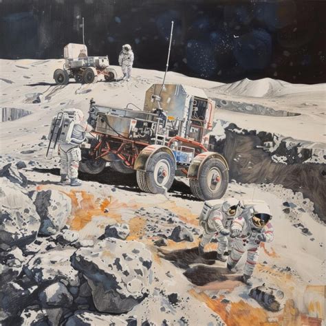 Astronauts Explore The Lunar Surface In A Futuristic Rover Surrounded
