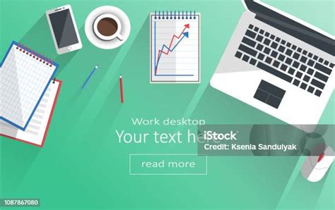 직장 책상 컴퓨터 태블릿 셀 스마트 폰 커피 최고 각도 보기 복사 공간 평면 벡터 일러스트 레이 션 0명에 대한 스톡 벡터 아트 및 기타 이미지 Istock