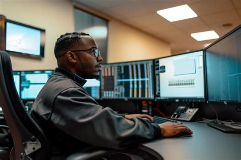 Premium Ai Image Security Expert Monitoring Data On Multiple Computer Screens With Ai Generated