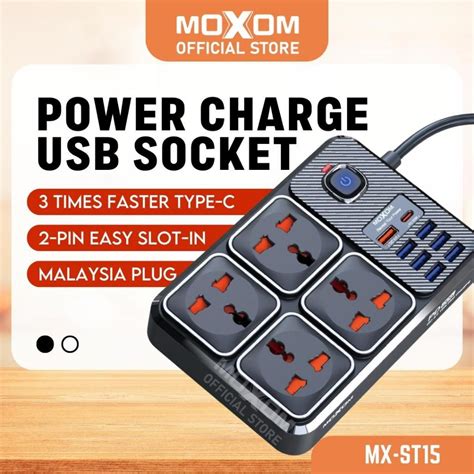 Moxom Power Strip Extension Heavy Duty Socket Trailing Universal Cord With Type C Usb Port Wayar