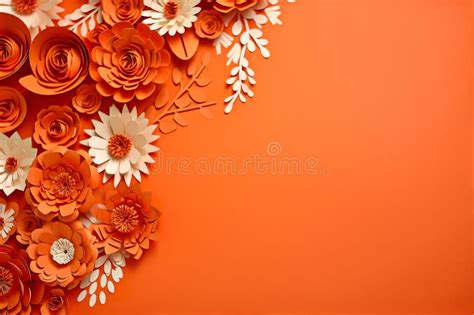 Many Flowers Made Of Paper On Orange Background With Copy Space Natural Floral Frame Layout