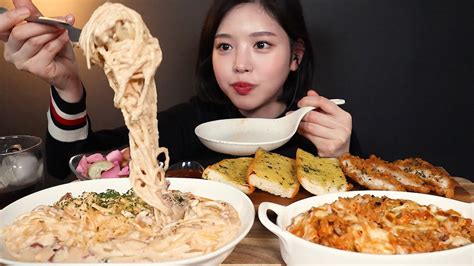 Sub꾸덕꾸덕 매콤한 베이컨크림파스타에 치즈 가득 해물도리아 먹방🥘 Ft마늘빵and돈까스 Bacon Cream Pasta Cheese Doria Mukbang Asmr