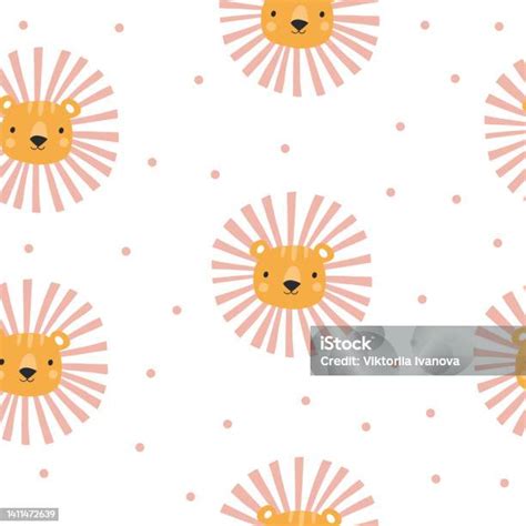 귀여운 사자 이음새가 없는 무늬 포스터 카드 티셔츠 직물 텍스처 포장 섬유 벽지 및 의류에 대한 손으로 그린 벡터 일러스트레이션