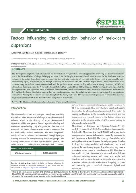 Pdf Factors Influencing The Dissolution Behavior Of Meloxicam Dispersions