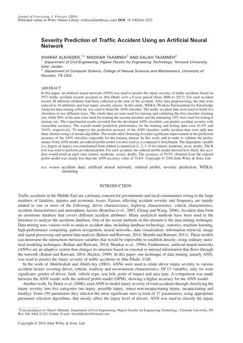 Pdf Severity Prediction Of Traffic Accident Using An Artificial