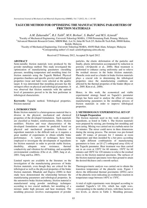 Pdf Taguchi Method For Optimizing The Manufacturing Parameters Of Friction Materials