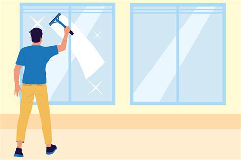 만화 가정부 청소 서비스 직원 스퀴지로 창문을 닦는 남자 가정과 사무실을 위한 전문적인 위생 하우스 키핑 활동 정리 도구 벡터 그림 가사 집안일에 대한 스톡 벡터 아트 및