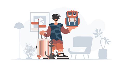 그 사람은 여행용 배낭과 전리품을 들고 있습니다 휴식과 여행의 개념 트렌디한 스타일 벡터 일러스트레이션 가방에 대한 스톡 벡터 아트 및 기타 이미지 Istock