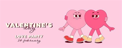 레트로 그루비 발렌타인 데이 러브 파티 초대장 복고풍 그루비 스타일의 사랑스럽고 귀여운 걷는 심장 캐릭터 벡터 수평 배너 핑크 색상 0명에 대한 스톡 벡터 아트 및 기타