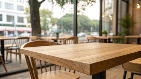 Cafe Table Wooden Texture Blurred Cityscape Background Stock