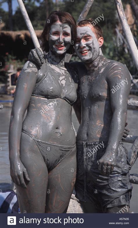 Turkey A Young Mud Covered Couple At The Thermal Mud Baths At Ilica