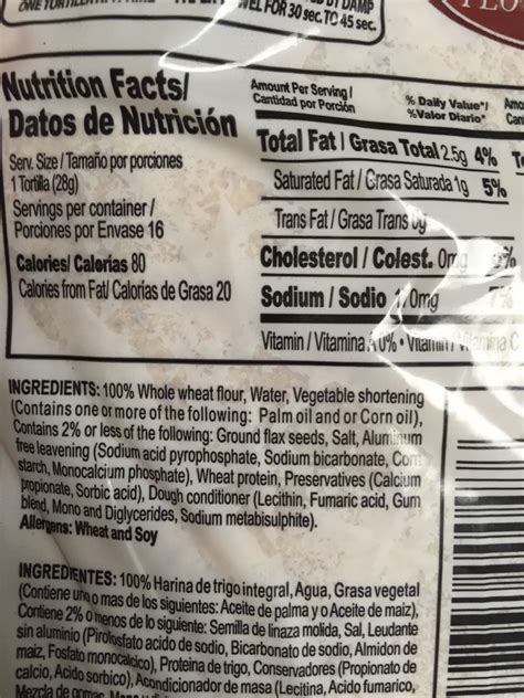 Whole Wheat Flour Tortilla Nutrition Facts