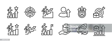 사업가 등산 아이콘 세트입니다 경력 창업 성장 및 대상 비즈니스 승진 성공 진행 리더십 승진 성취 향상을 포함합니다 벡터 일러스트 레이 션 개발에 대한 스톡 벡터 아트 및