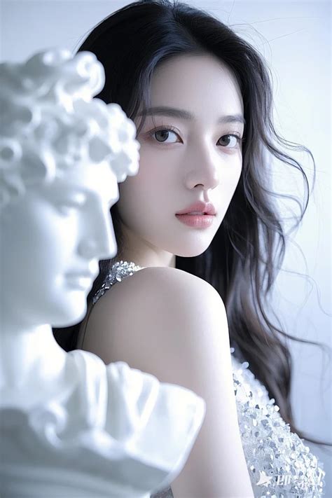 特写人像，亚洲模特，虚实结合，画中是一位肤色苍白、拥有飘逸头发发、发光的冷皮肤质感，身着闪亮白色连衣裙、灰色眼睛的女性，，甜美，看向观众，安静