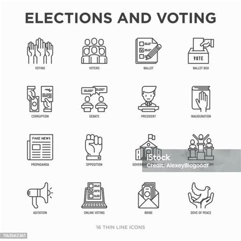 선거 및 투표 얇은 라인 아이콘 설정 유권자 투표 함 취임 부패 토론 대통령 정치적 승리 선전 뇌물 동요 현대 벡터 그림입니다