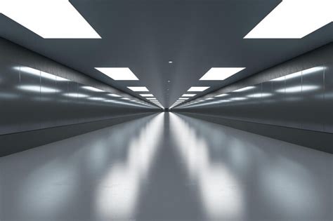 천장 조명과 반사 지하철 및 역 개념 3d 렌더링이 있는 현대적인 회색 콘크리트 지하 복도 프리미엄 사진