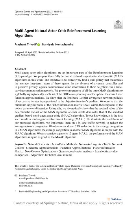 Pdf Multi Agent Natural Actor Critic Reinforcement Learning Algorithms