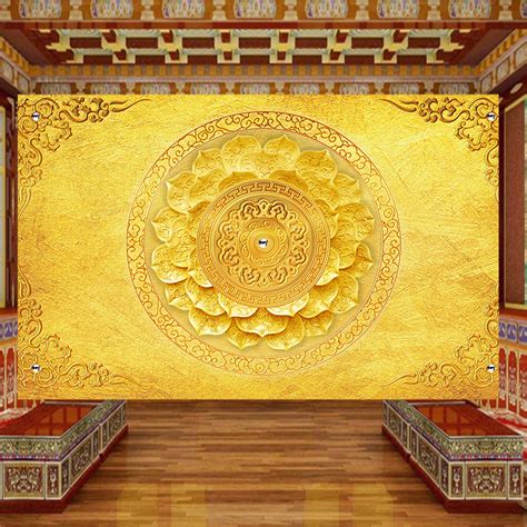 金色莲花中式吊顶壁纸佛堂天花彩绘墙纸酒店壁画藏式坛城寺庙墙布 阿里巴巴