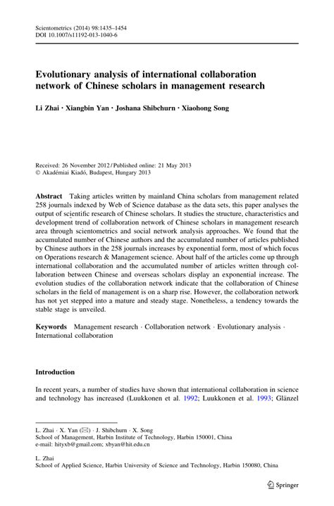 Pdf Evolutionary Analysis Of International Collaboration Network Of Chinese Scholars In