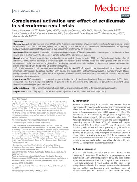 PDF Complement Activation And Effect Of Eculizumab In Scleroderma Renal Crisis