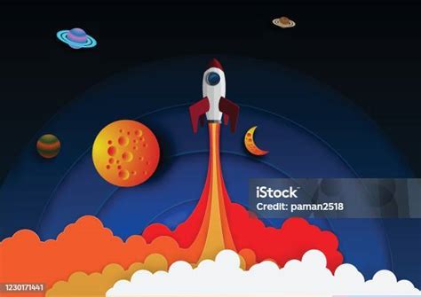 우주에서 비행 하는 로켓 컨셉 비즈니스 아이디어 스타트업 탐사 현대 종이 컷 스타일의 벡터 그림입니다 0명에 대한 스톡 벡터 아트 및 기타 이미지 Istock