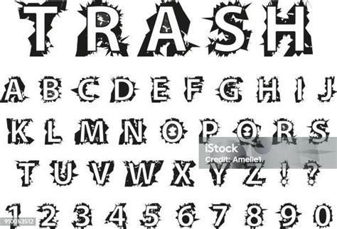 휴지통 타이 포 그래피 더티 폰트입니다 글자 서체 쓰레기 그런 지 스타일입니다 유행 알파벳 바위 흰색 바탕에 Z 격리를 A에서 라틴 편지 벡터 일러스트입니다 0명에 대한