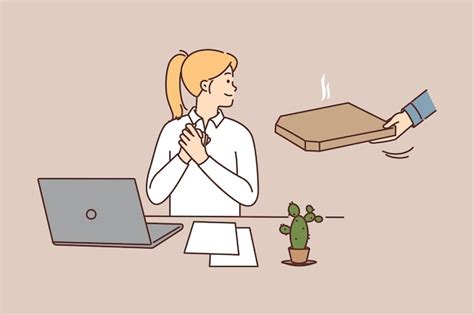 여성 직원이 사무실에서 피자 배달을 받습니다 프리미엄 벡터