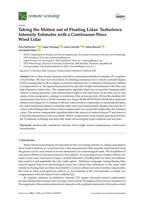 Pdf Taking The Motion Out Of Floating Lidar Turbulence Intensity Estimates With A Continuous