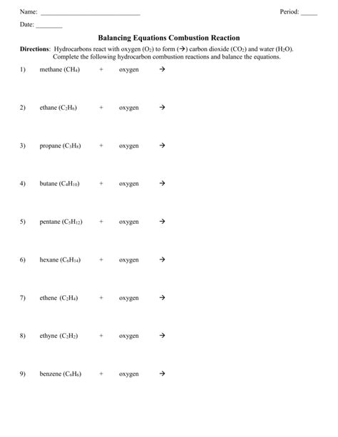 Balancing Combustion Equations Worksheet