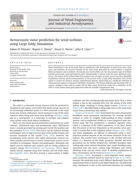 Pdf Aeroacoustic Noise Prediction For Wind Turbines Using Large Eddy Simulation