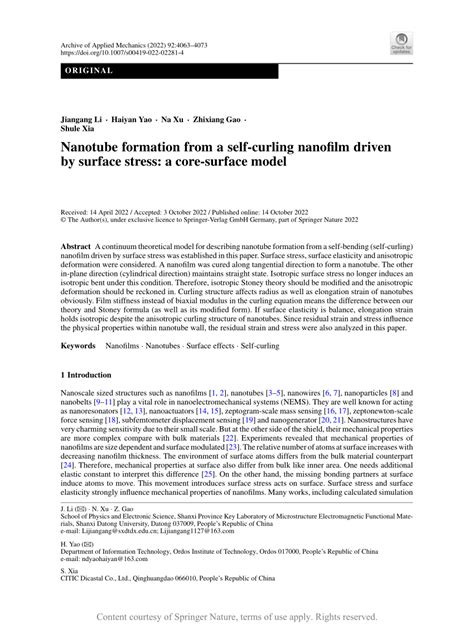 Nanotube Formation From A Self Curling Nanofilm Driven By Surface Stress A Core Surface Model