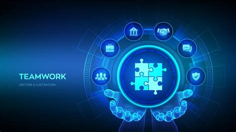 가상 화면의 팀워크 비즈니스 파트너십 기술 개념 글로벌 협력 통신 네트워크 퍼즐 팀 요소 아이콘 와이어프레임 로봇 손 벡터 그림