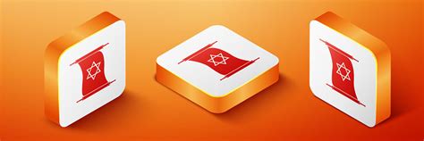 주황색 배경에 격리된 Isometric Torah 스크롤 아이콘입니다 확장 된 형태로 유대인 토라 토라 북 다윗 기호의 별 간단한 오래된 양피지 두루마리 주황색 정사각형