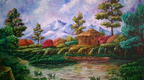 Bulaklak At Kubo Sa Tabing Ilog Boat At The Riverside Acrylic On Canvas Youtube