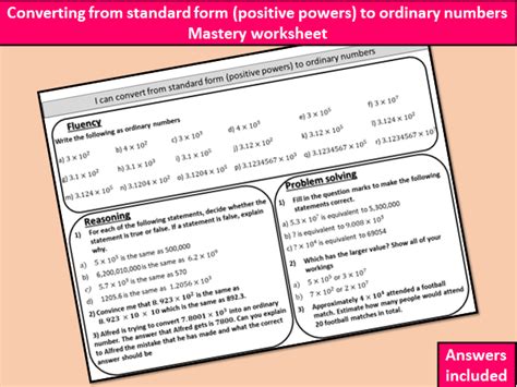Converting From Standard Form Positive Powers To Ordinary Numbers Mastery Worksheet