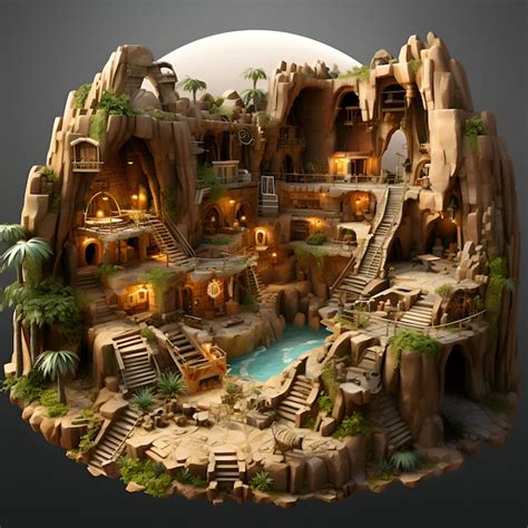 Fantasy Landscape With A Fantasy Cave City 3d Illustration Premium Ai