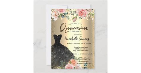 Gold Confetti Dotsblack Dress Roses Quinceañera Invitation Zazzle