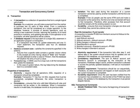 Transaction And Concurrency Control Handout Property Of Ateneo Transaction And