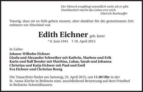Traueranzeigen Von Edith Eichner Trauerundgedenken De