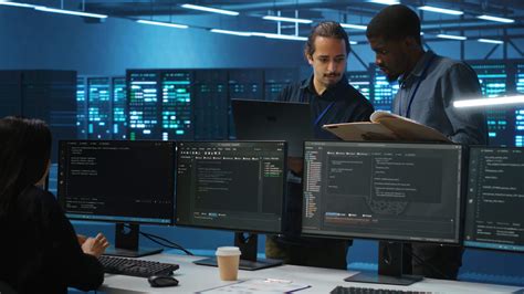 Man Inspecting Server Farm Reading Paperwork Following Inspection