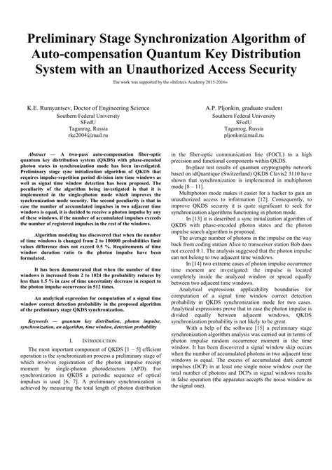 Pdf Preliminary Stage Synchronization Algorithm Of Auto Compensation Quantum Key Distribution