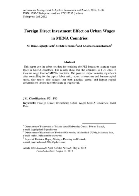 Pdf Foreign Direct Investment Effect On Urban Wages In Mena Countries