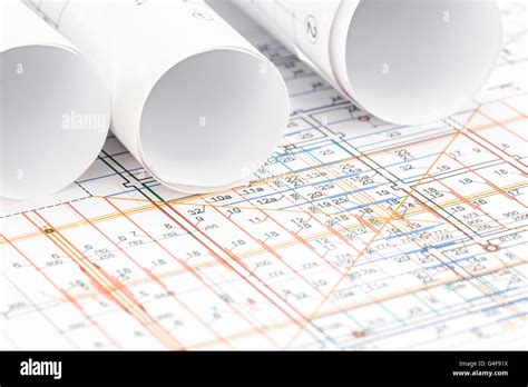 Engineering Drawing Detail And Rolls Of Floor Plan Blueprints Stock