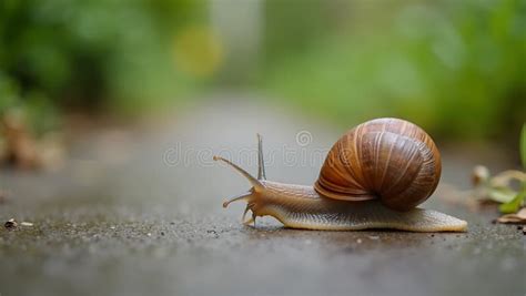Vulnerable Snail Crossing Garden Path Symbolic Of Acceptance Stock