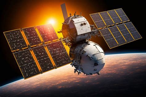 Space Satellite On Earth Orbit Spacecraft With Solar Panels Orbiting Earth Stock Illustration