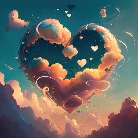 Heart Shaped Clouds In Blue Sky Created Using Generative Ai Technology Stock Illustration