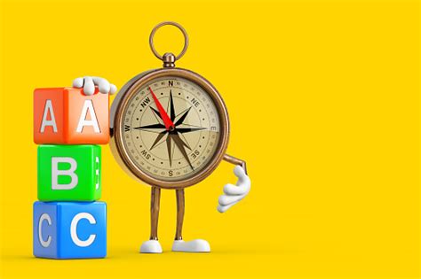 골동품 빈티지 황동 나침반 만화 사람 캐릭터 마스코트 알파벳 Abc 교육 큐브 3d 렌더링 3차원 형태에 대한 스톡 사진 및 기타 이미지 Istock