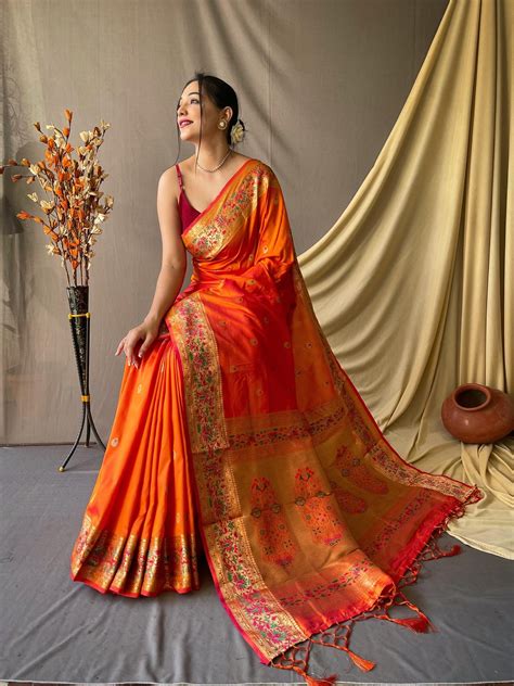 Mustard Orange Paithani Soft Silk Saree Indian Fashion Stylish